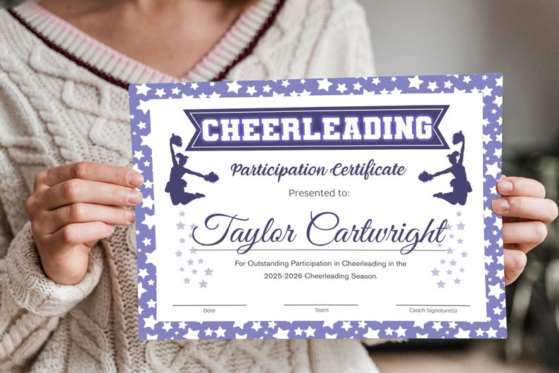 EDITABLE Cheerleading Certificate Template Purple, DIY Cheerleading ...