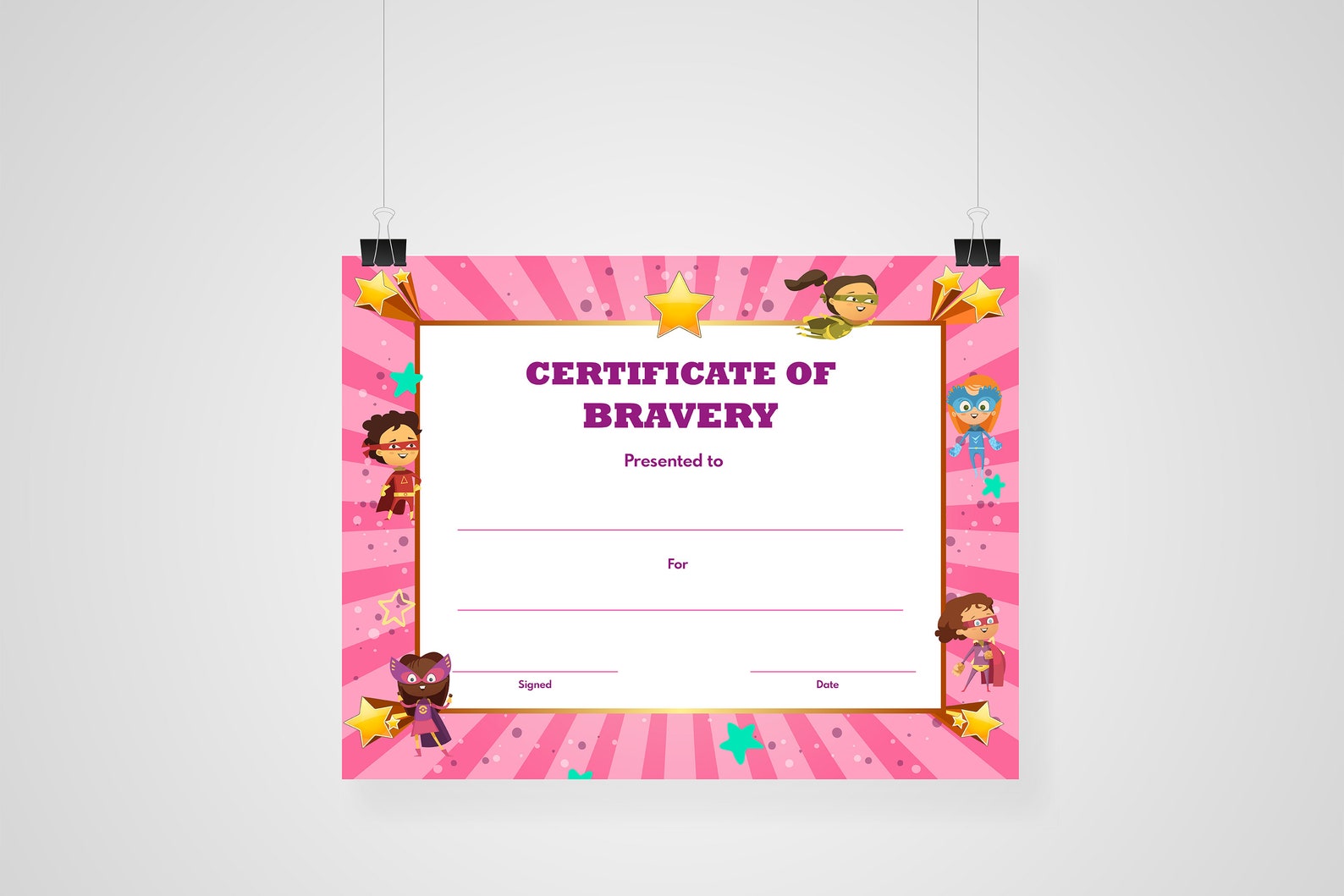 Printable PDF Certificate of Bravery, Pink PDF Kids Certificate ...