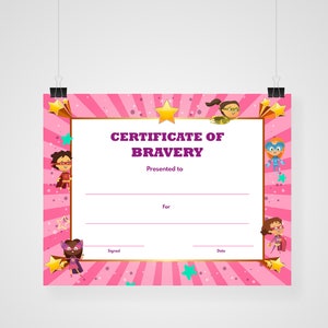 Printable PDF Certificate of Bravery, Pink PDF Kids Certificate ...