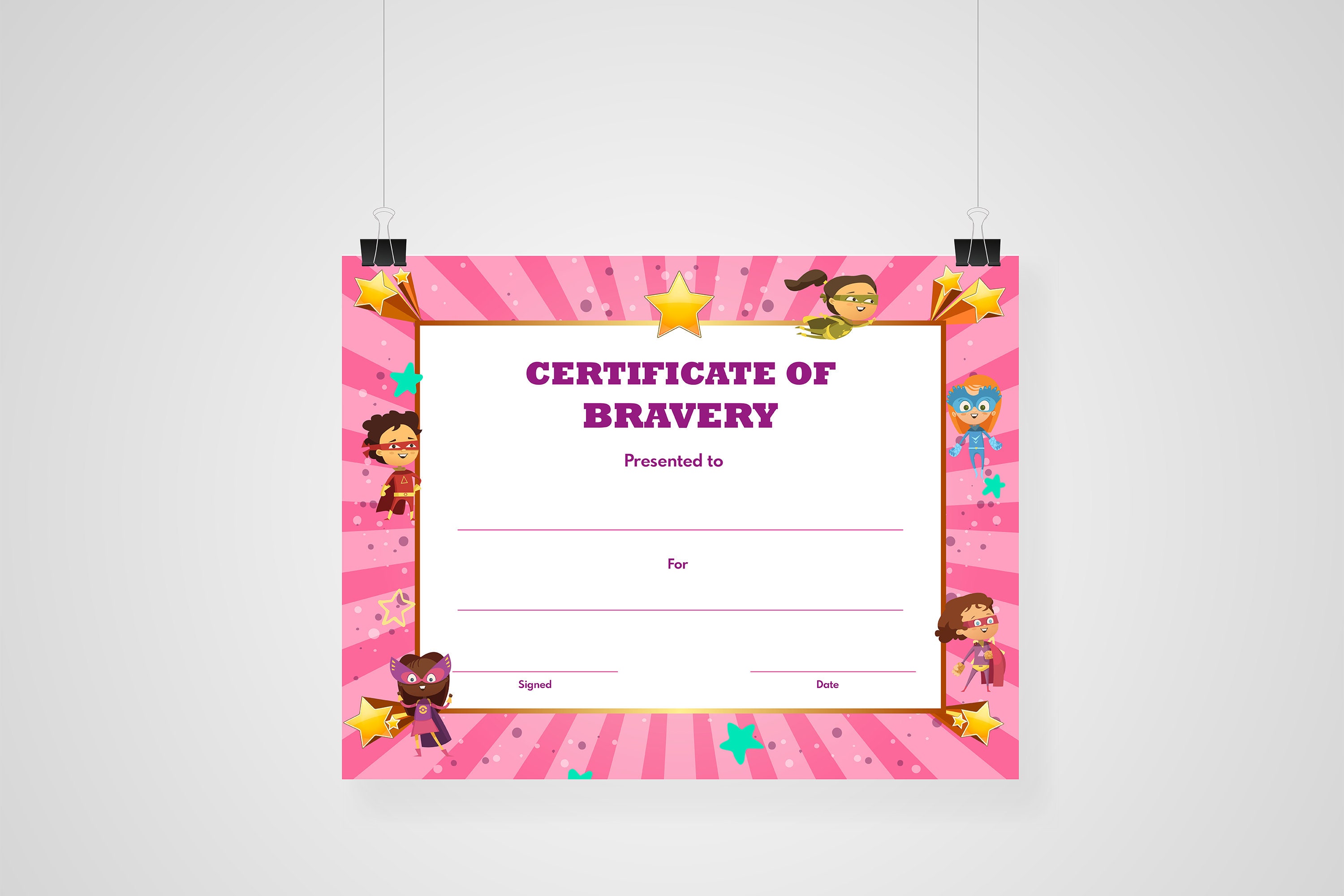 Printable PDF Certificate of Bravery, Pink PDF Kids Certificate ...