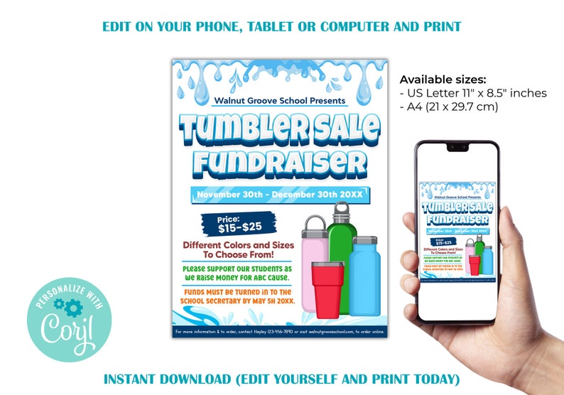 Editable Tumbler Sale Fundraiser Flyer Template, Coffee Cup to Go Mug ...