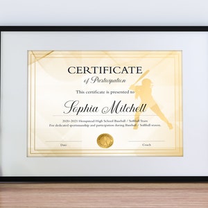 Gold Girls Softball Certificate Template, Softball Participation Award ...