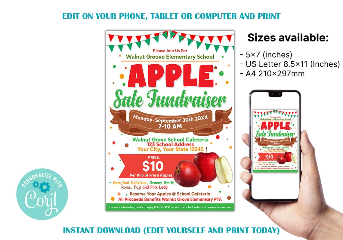 Editable Apple Sale Fundraiser Flyer Template, School Church ...