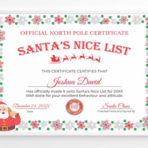 Christmas Certificate Template, Christmas Nice List Certificate ...