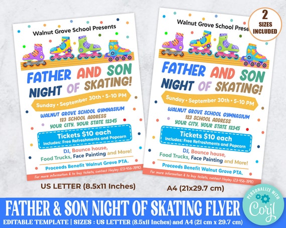 DIY Father and Son Night of Skating Flyer, Roller Skating Party, PTO ...