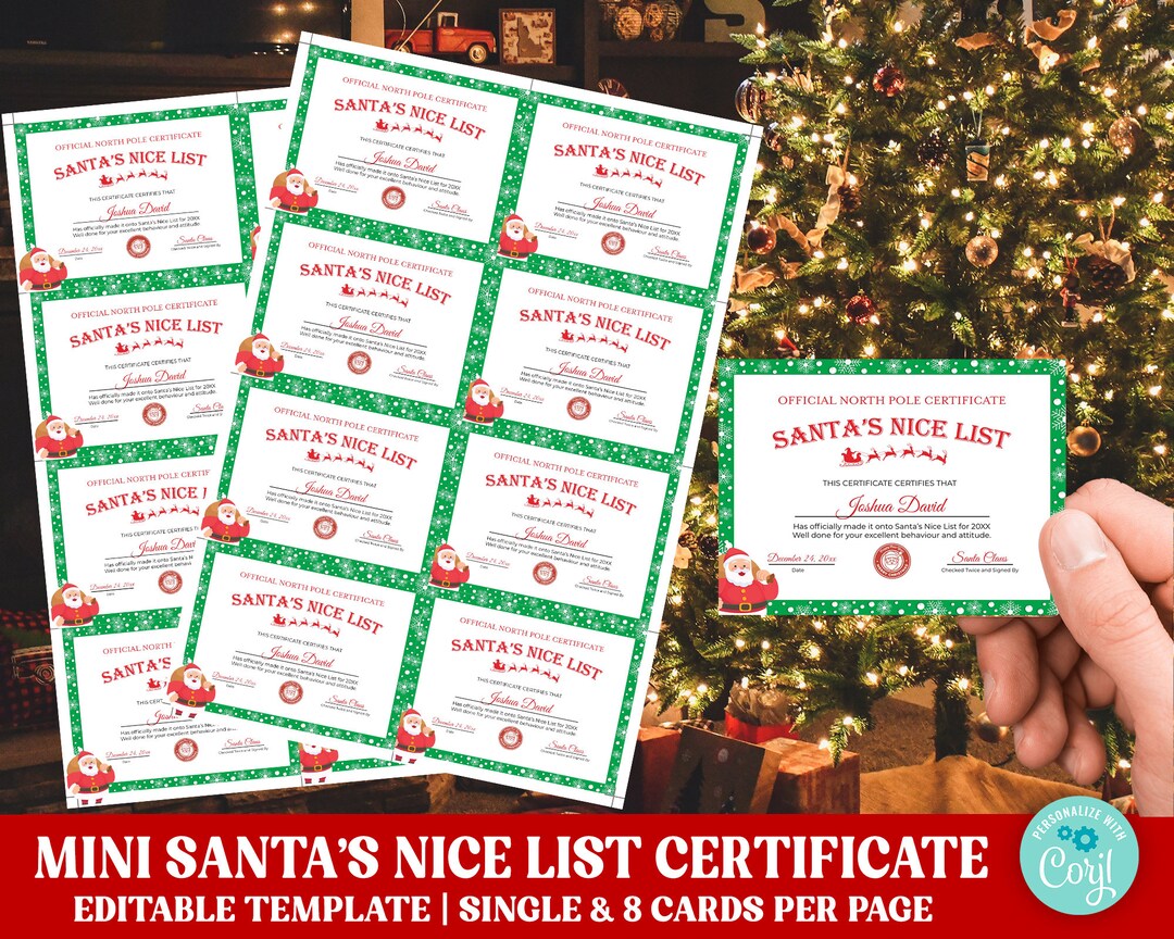 Mini Nice List Certificate Printable, Santa Certificate, Card Size ...