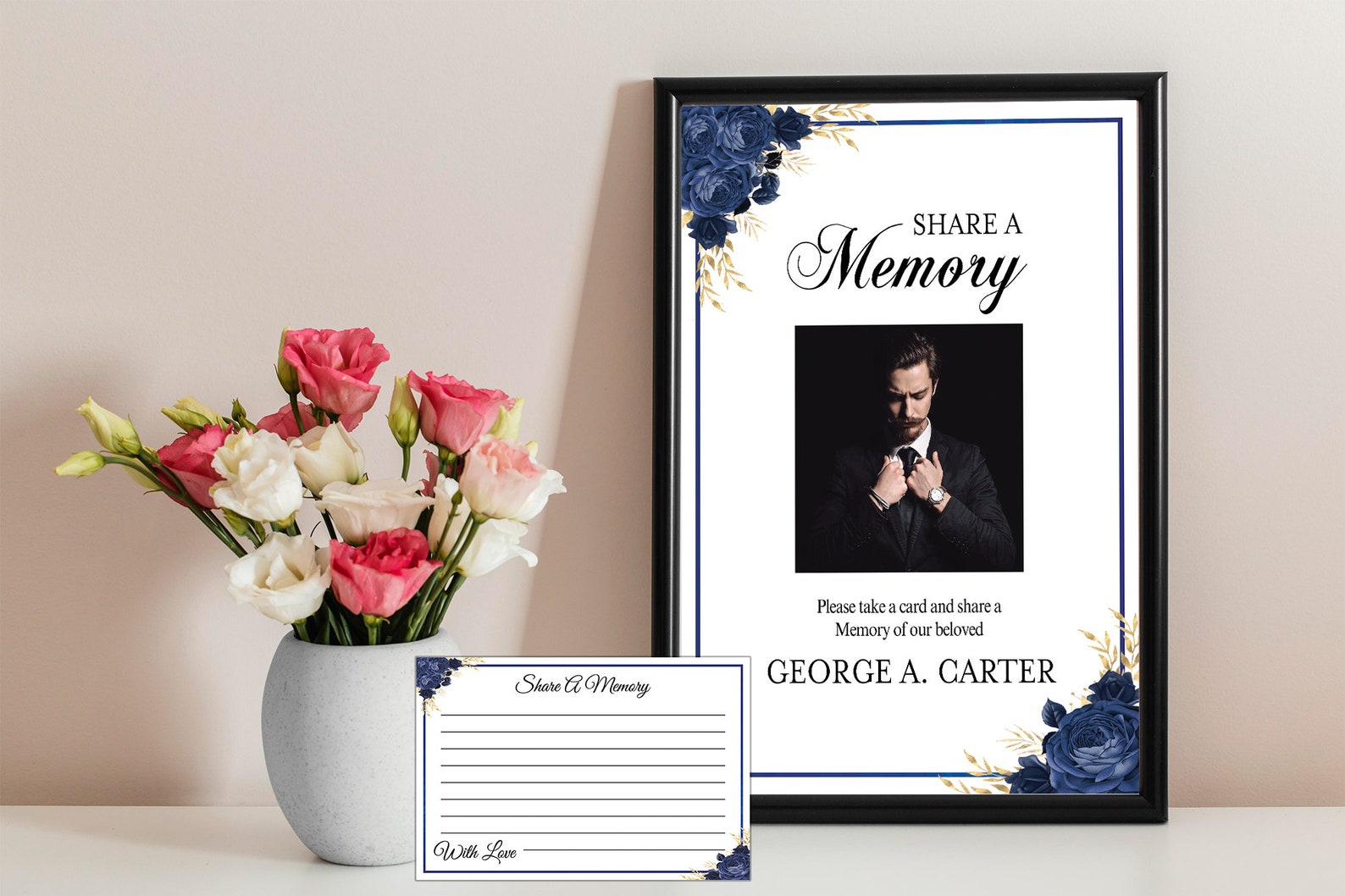 Funeral Share a Memory Card and Sign Editable Blue Rose - Etsy