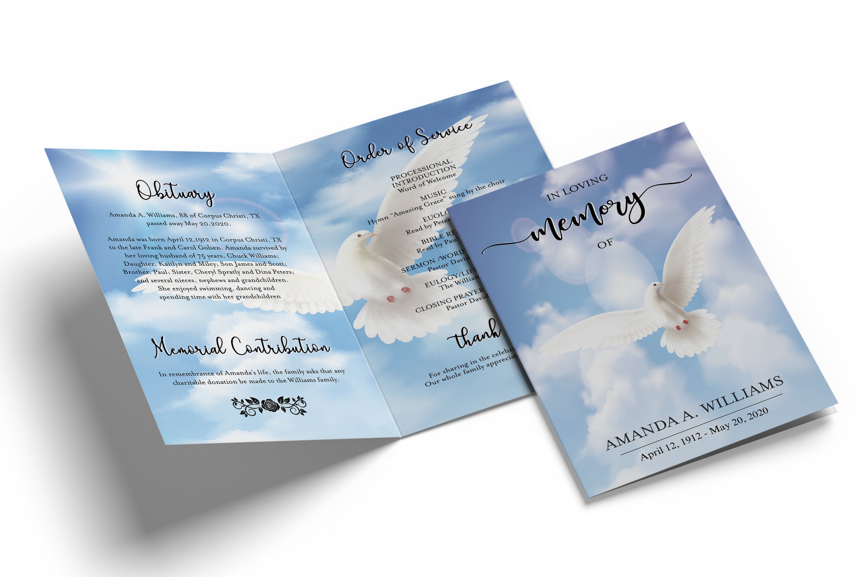 Blue Sky White Dove Funeral Program, Editable 4 Page Program for ...