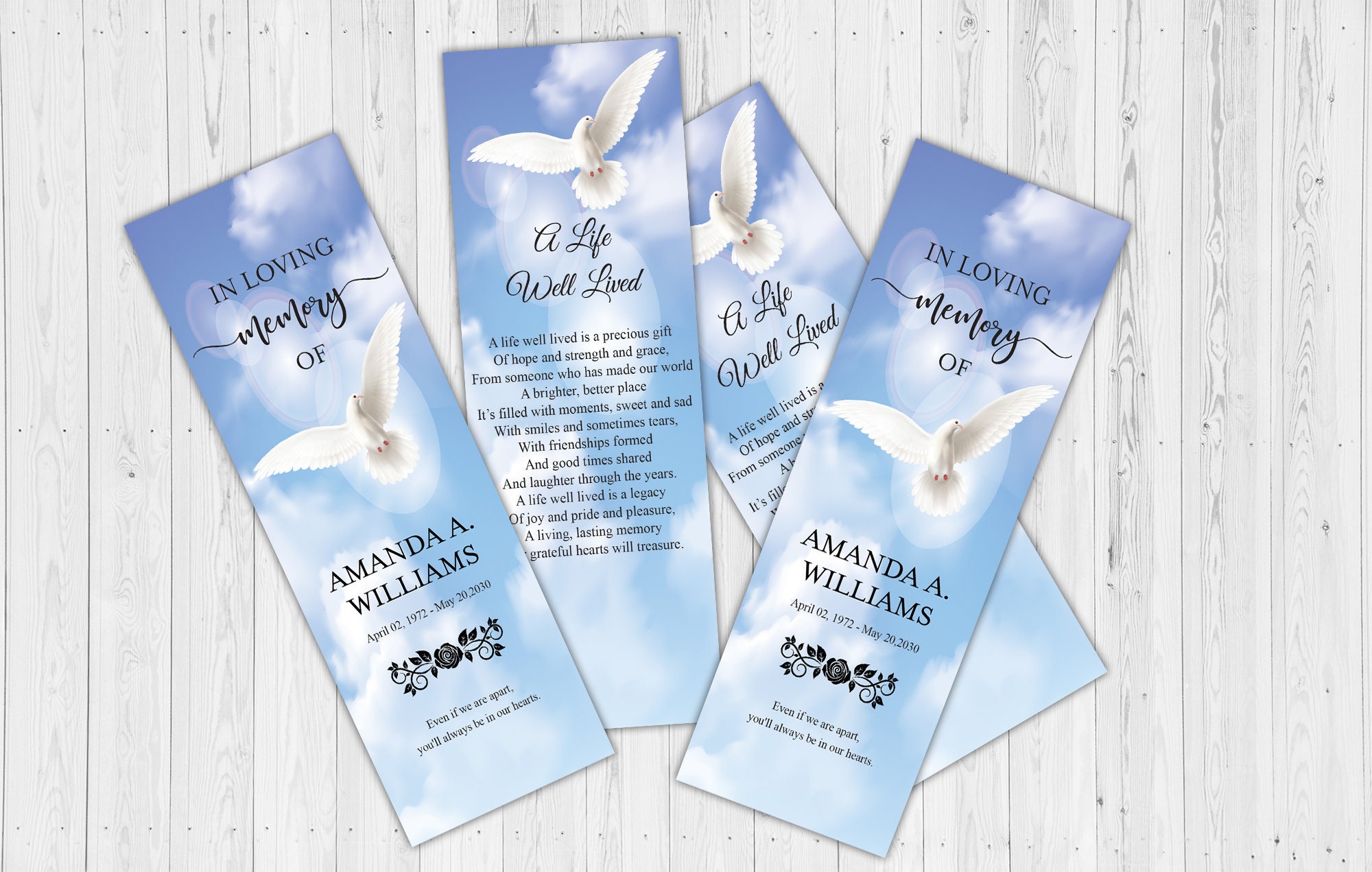 Editable Funeral Bookmark Template Blue Sky White Dove | Etsy