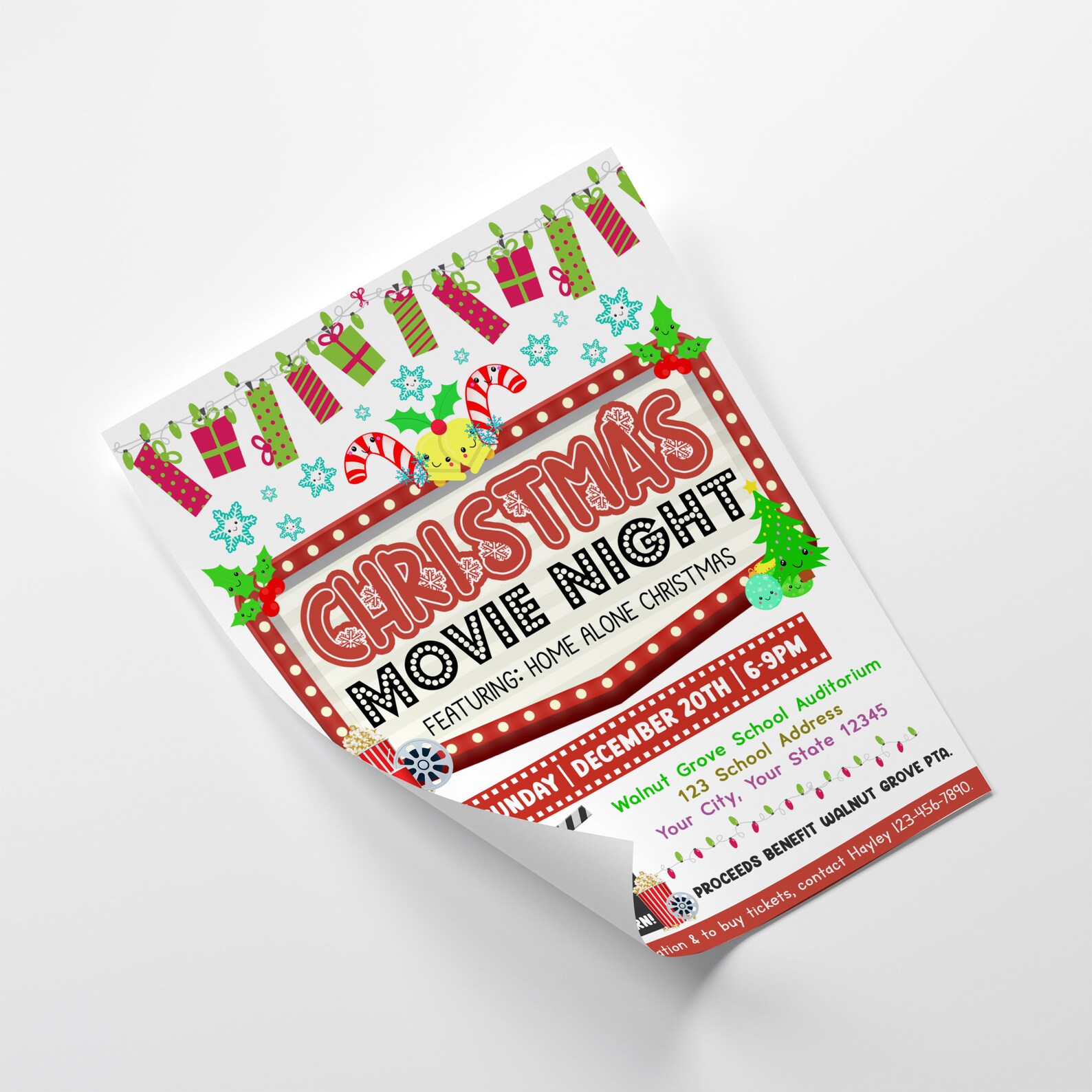 Editable Christmas Movie Night Flyer, Xmas School Church Benefit ...