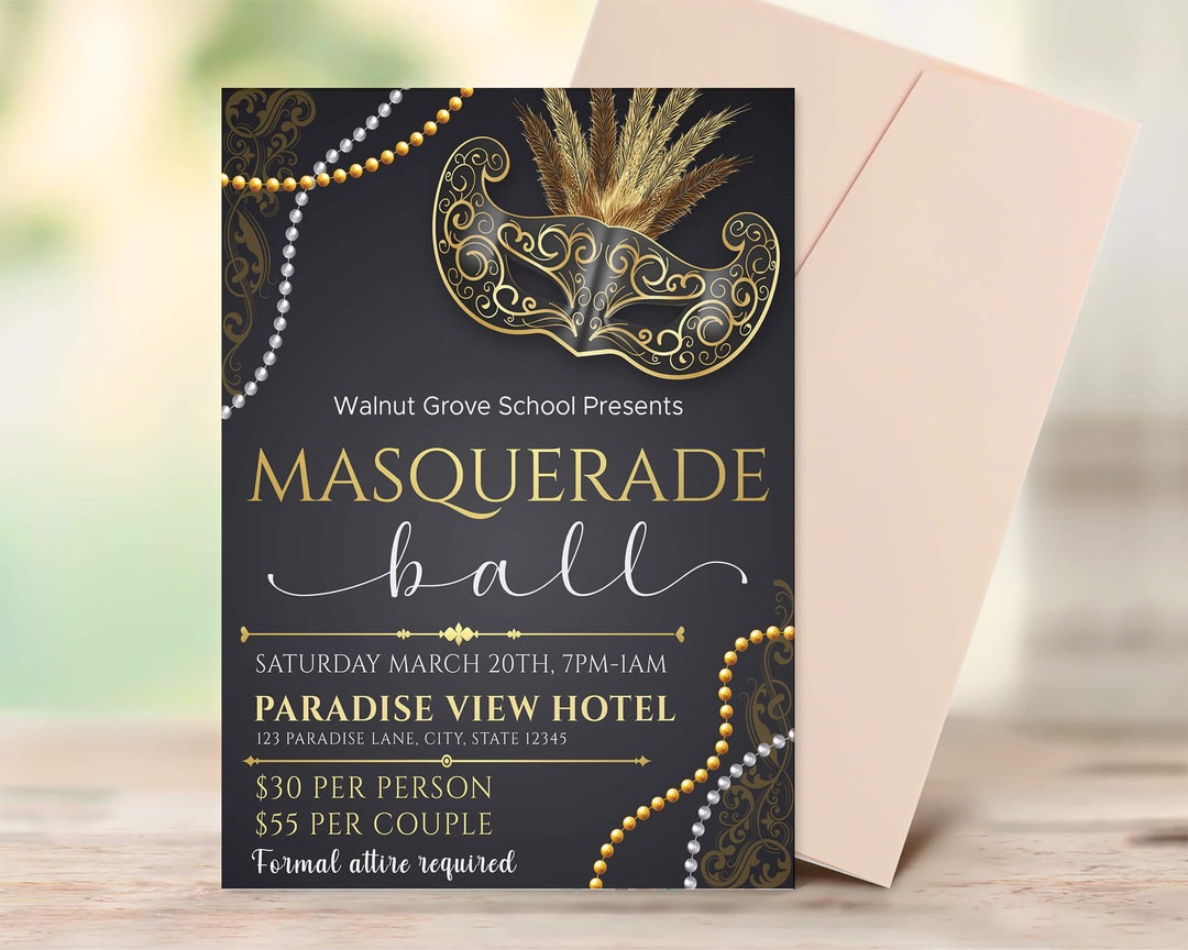 Editable Masquerade Ball Invitation Template, Masquerade Prom Flyer ...