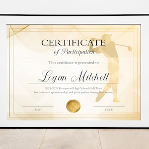 Editable Golf Certificate Template for Boys, DIY Golf Participation ...