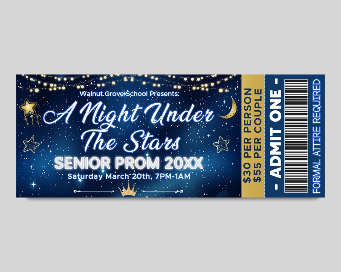 Editable A Night Under the Stars Prom Ticket, School Dance Flyer Prom ...