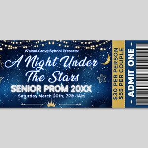 Editable A Night Under the Stars Prom Ticket, School Dance Flyer Prom ...