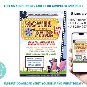 Movies in the Park Flyer and Ticket Bundle Template, Editable Community ...