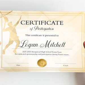 Editable Boys Tennis Certificate Template, Customizable Printable ...