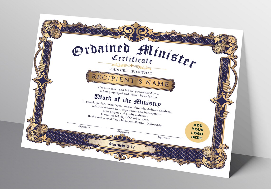 Editable Certificate of Ordination Template, DIY Ordained Minister ...