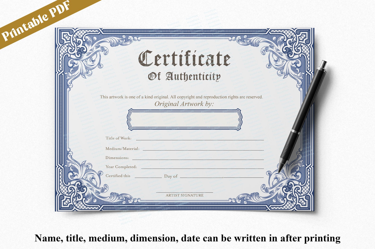 Printable Blank PDF Certificate of Authenticity for Artwork - Etsy