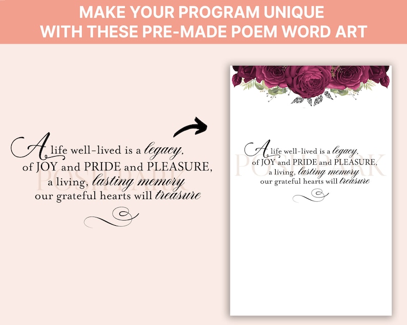 Poem Word Art Funeral Program, A Life Well-lived is a Legacy Pre-made ...