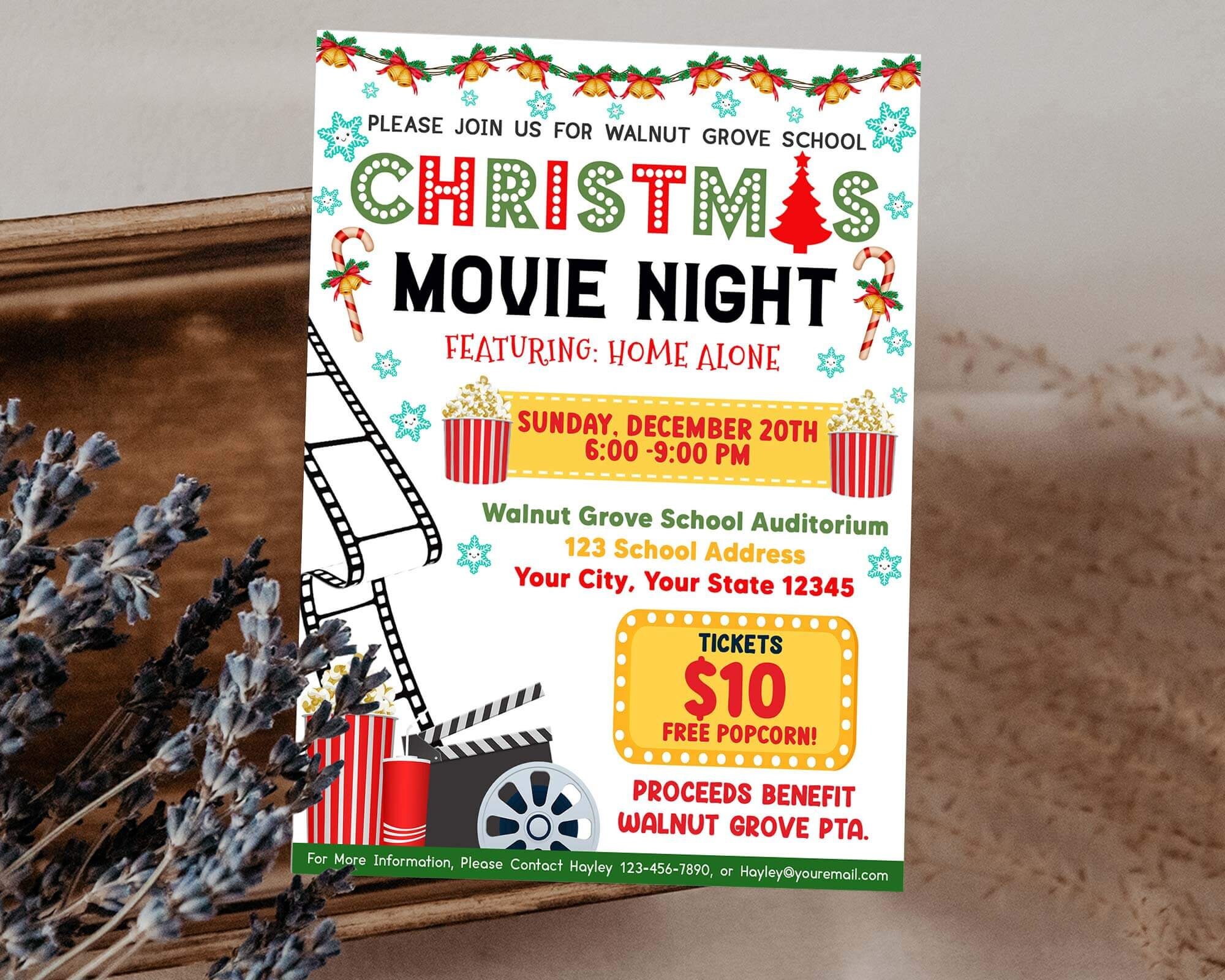 Christmas Movie Night Flyer Template, Fundraiser Event Poster, Holiday ...