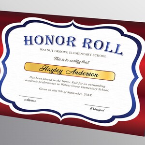 Customizable Honor Roll Certificate, Editable Red Blue Award ...