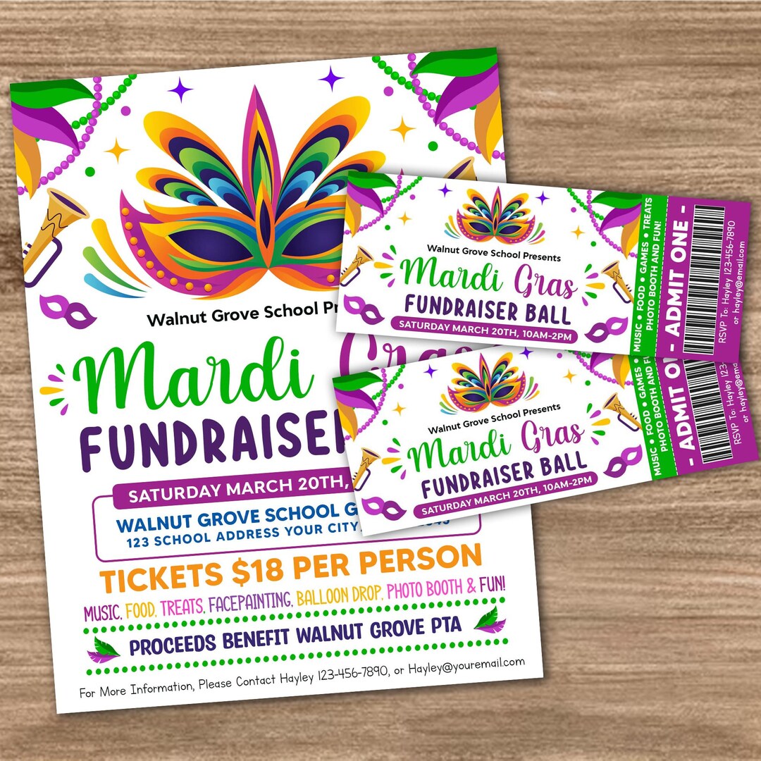 Editable Mardi Gras Fundraiser Ticket and Flyer Bundle Template, Mardi ...