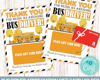 PRINTABLE Bus Driver Thank You Card, Bus Driver Gift Card Holder, Bus ...
