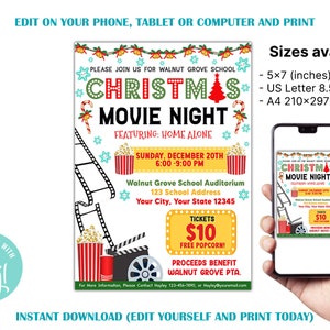 Christmas Movie Night Flyer Template, Fundraiser Event Poster, Holiday ...