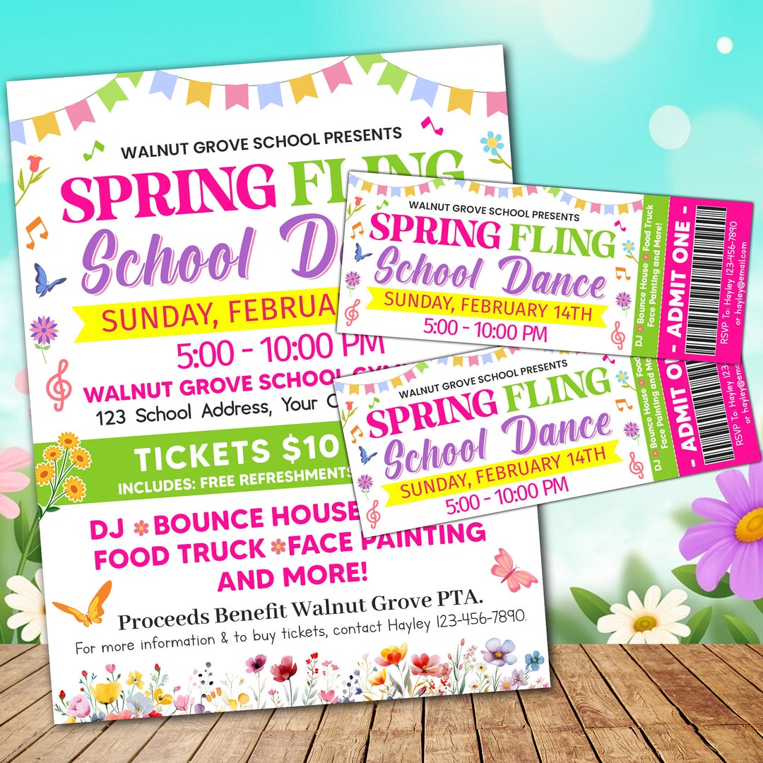 Spring Fling School Dance Flyer and Ticket Bundle, Editable PTO PTA School Event Template Set ...