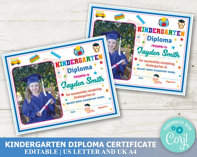 Editable Kindergarten Diploma With Photo, Any Grade, INSTANT DOWNLOAD ...