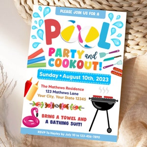 Editable Pool Party and BBQ Invitation, Summer Party Invite, Pool Party ...