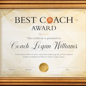 Downloadable Basketball Coach Certificate Template, Basketball Coach of ...
