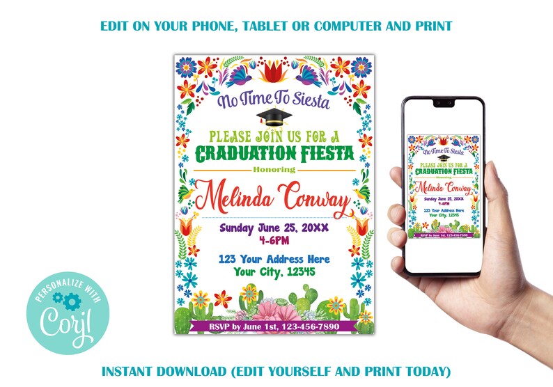 Mexican Graduation Invitation Template WHITE, Floral Fiesta Graduation ...