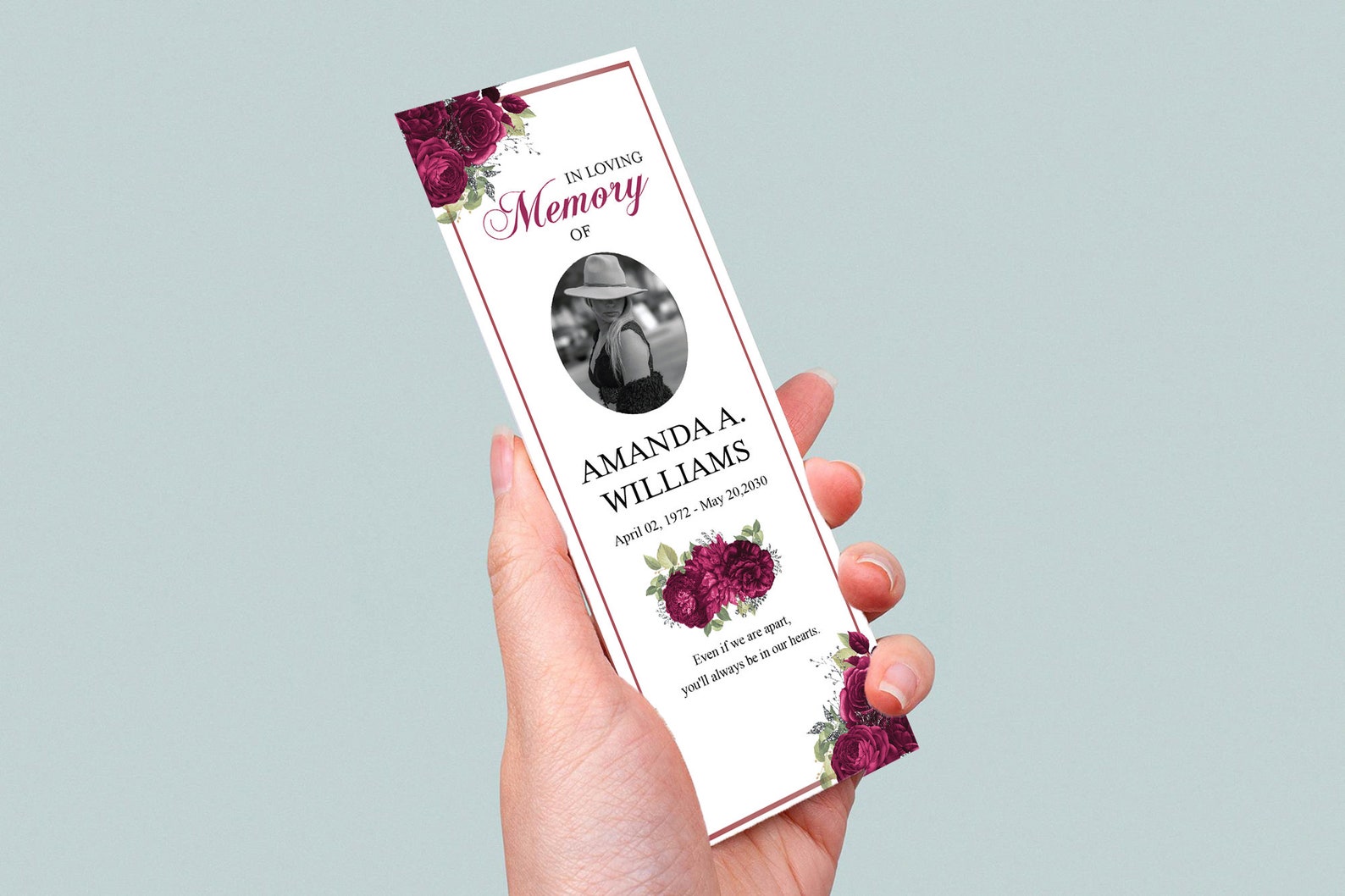 Editable Funeral Bookmark Template, Burgundy Rose Obituary Bookmark ...