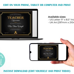 Editable Elegant Teacher Appreciation Certificate Black, Teacher ...