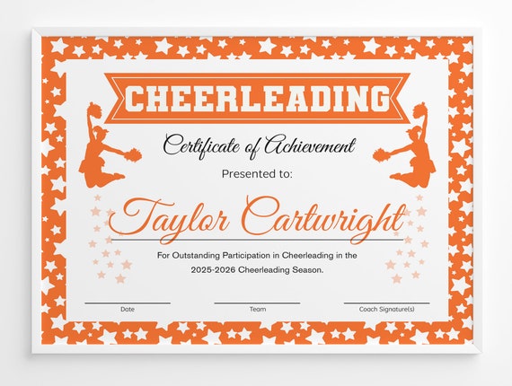 EDITABLE Cheerleader Certificate, Orange Cheer Certificates Sports ...