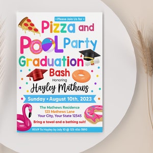 Editable Pizza and Pool Party Graduation Bash Invitation, Grad Party ...