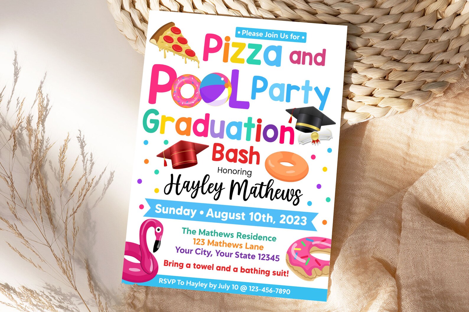 Editable Pizza and Pool Party Graduation Bash Invitation, Grad Party ...