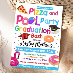 Editable Pizza and Pool Party Graduation Bash Invitation, Grad Party ...