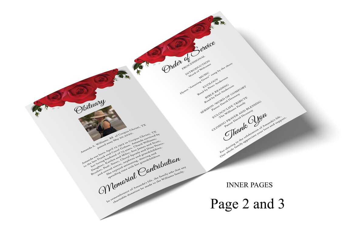 8 Page Red Rose Funeral Program Template Editable Minimalist | Etsy