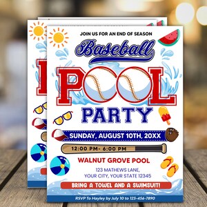 Editable End of Season Baseball Pool Party, Baseball Pool Bash, Party ...