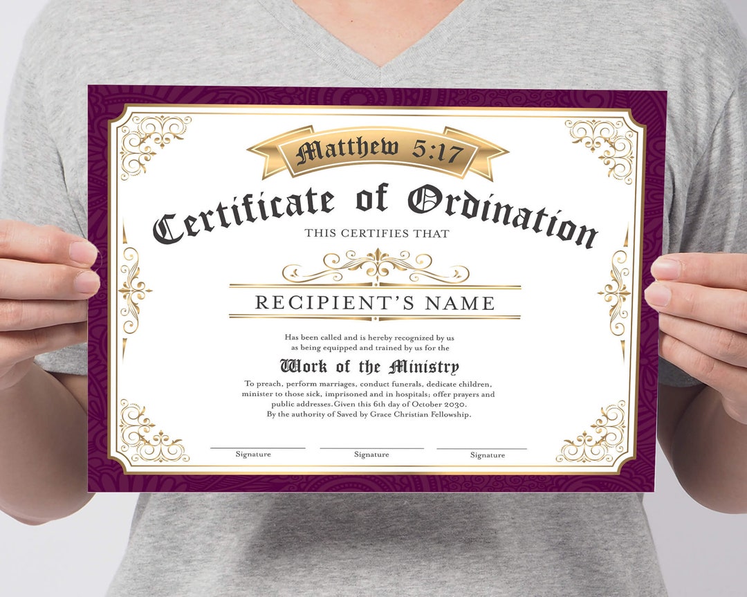 Certificate of Ordination Template, Editable Minister Certificate ...