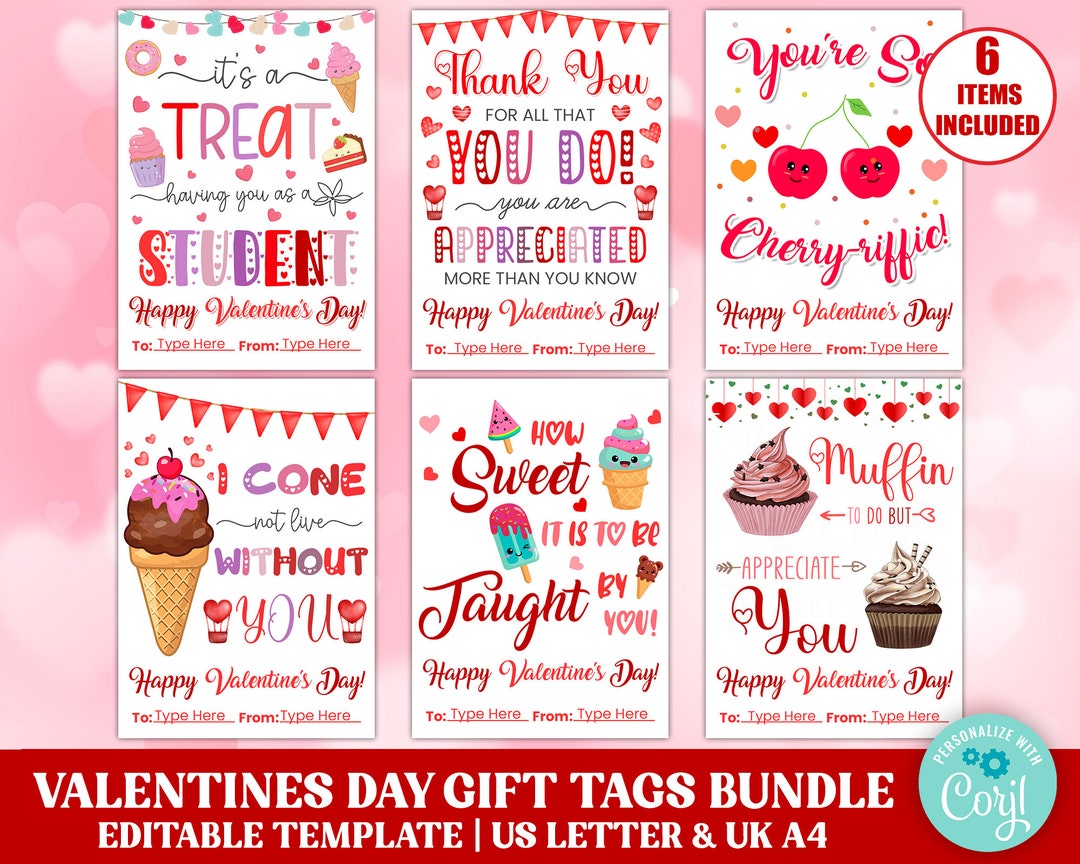 Valentines Day Appreciation Gift Tag Bundle, Set of 6 Editable Teacher ...
