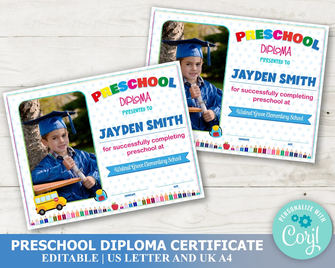 Editable Preschool Diploma With Photo, Preschool Certificate Template ...