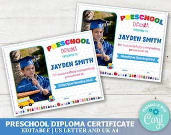 EDITABLE Preschool Diploma With Photo, Rainbow Personalized ...
