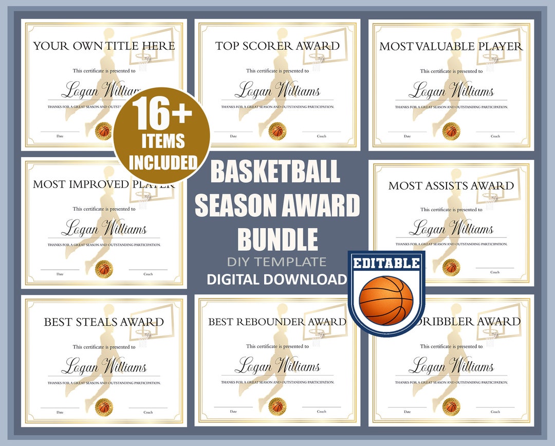 EDITABLE End of Season Basketball Award Certificates, 16 Basketball ...
