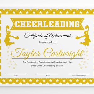 EDITABLE Cheerleader Certificate, Yellow Cheer Certificates Sports ...