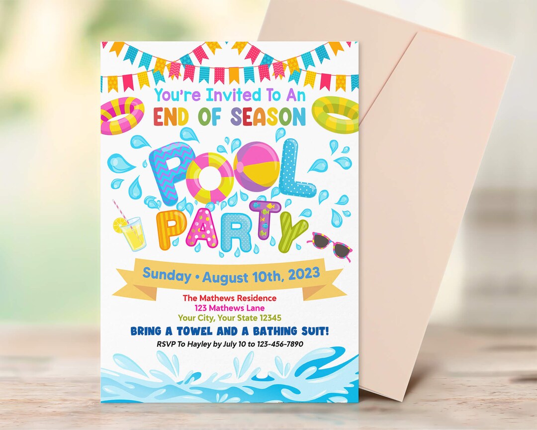 Editable End of Season Pool Party, Pool Bash, Summer Party Invite ...
