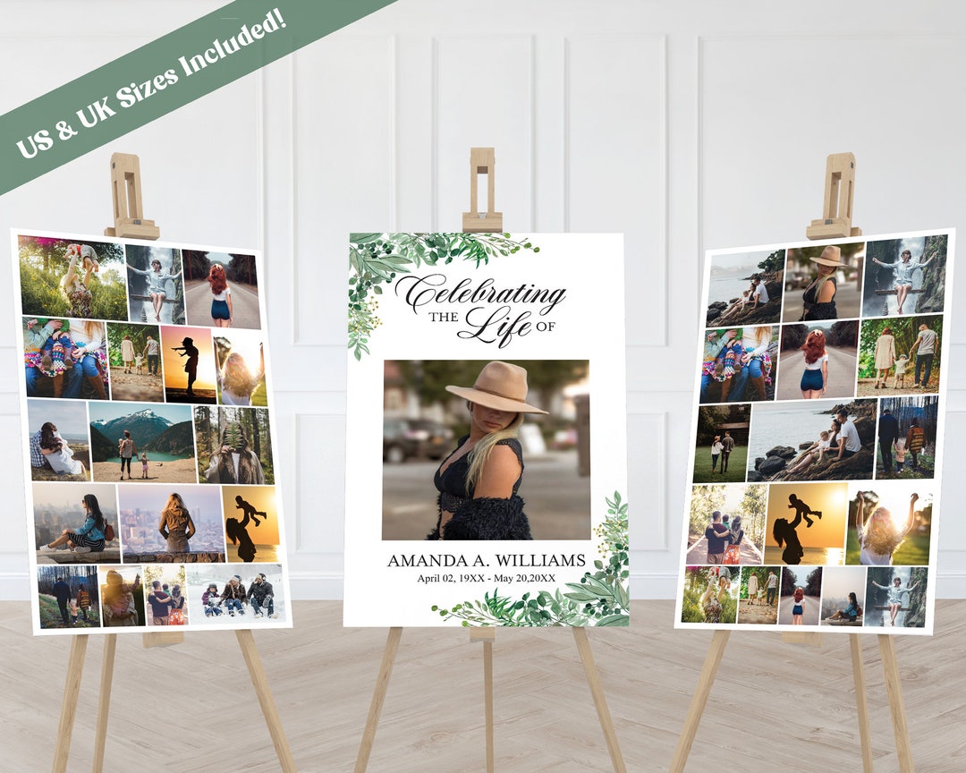 EDITABLE Funeral Poster Photo Display, Greenery Celebration of Life ...