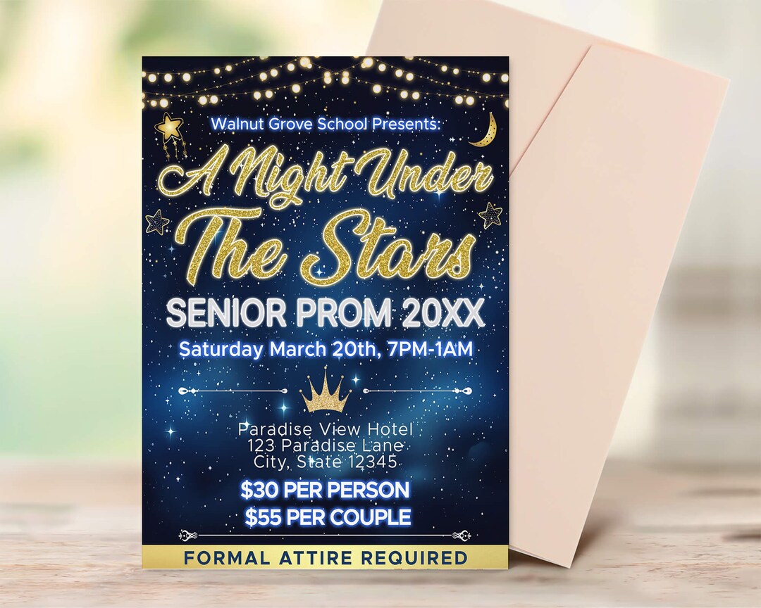 Editable A Night Under the Stars Prom Invitation, School Dance Flyer ...